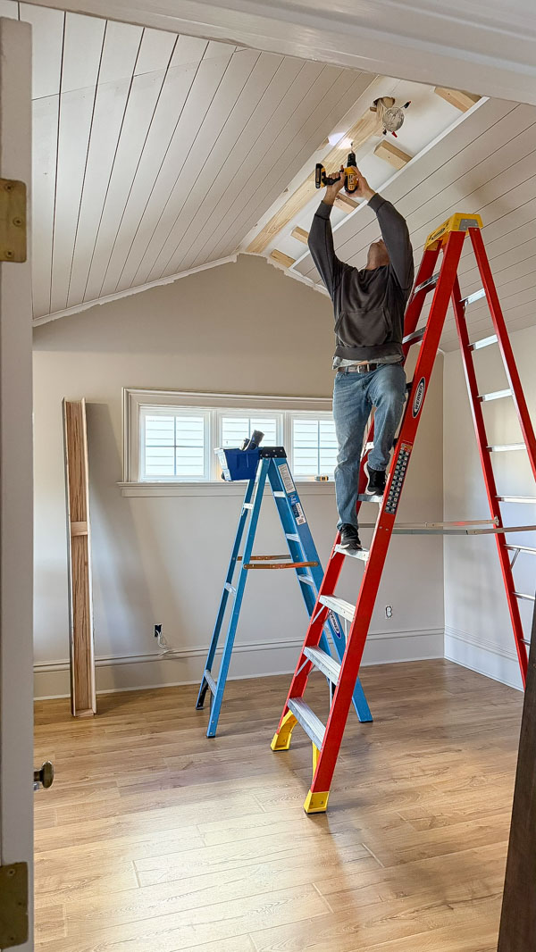 The Easiest DIY Wood Beams on a Vaulted Ceiling - Angela Marie Made